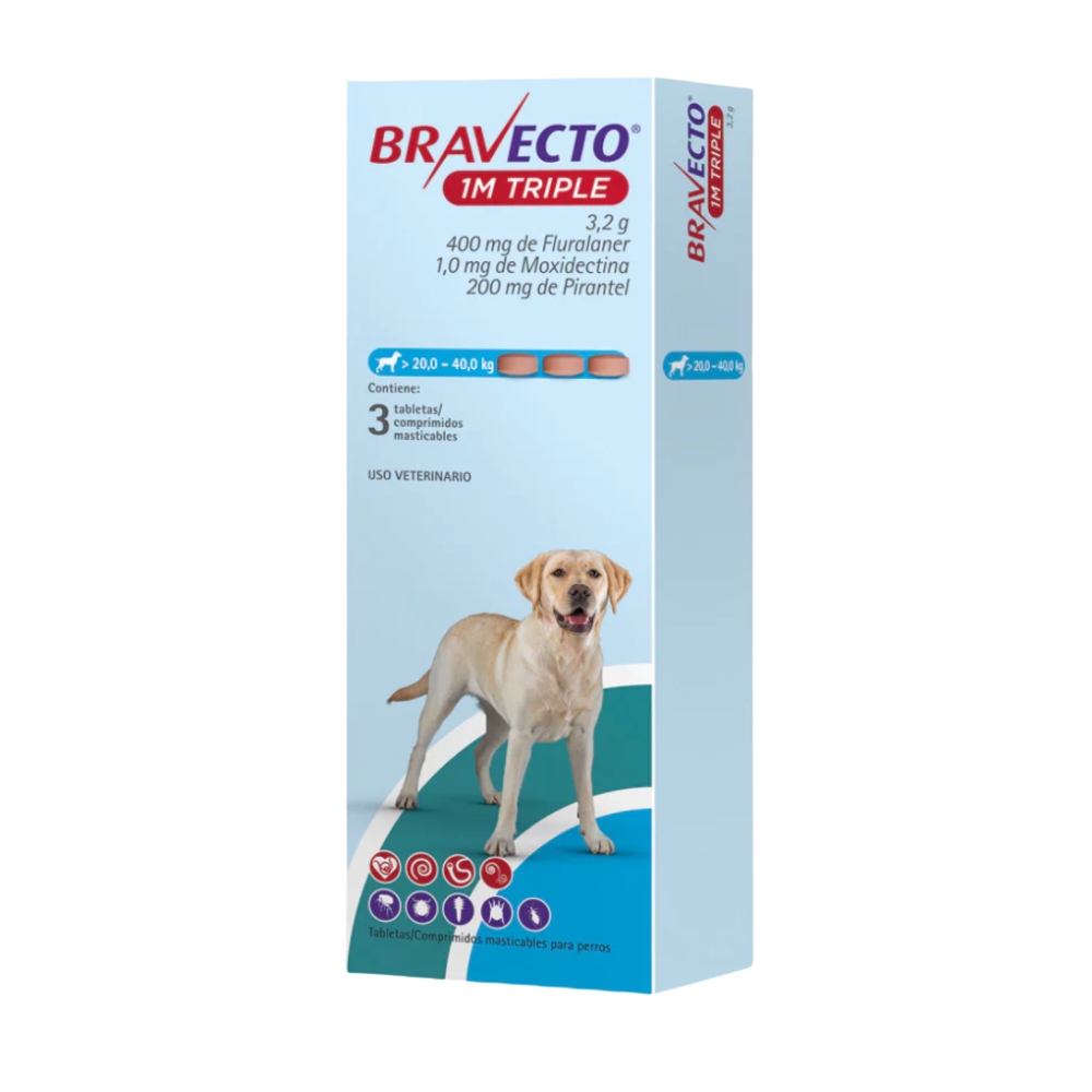 Bravecto 1M Triple 20 a 40 Kg 400mg X3 Tabletas - Alfadri Pet Shop