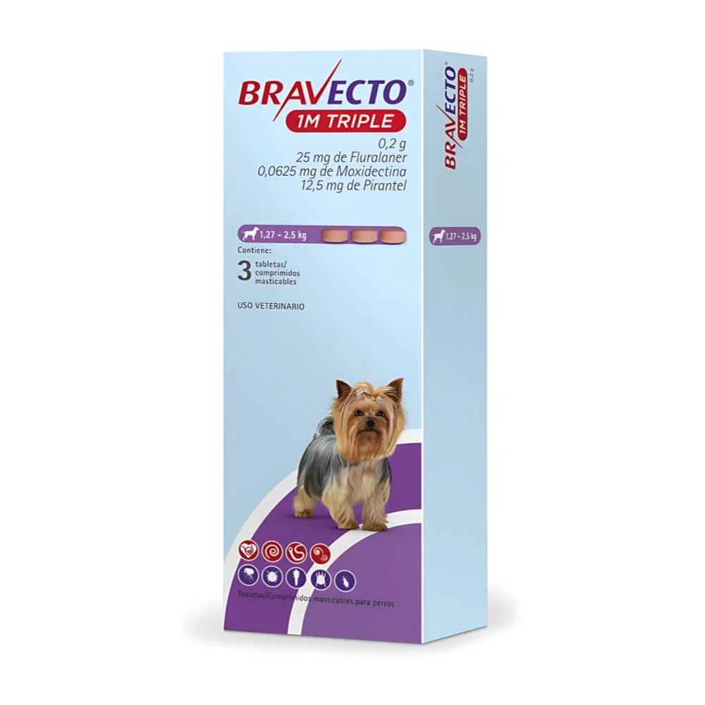 Bravecto 1M Triple 1.27 a 2.5 Kg 25mg X3 Tabletas - Alfadri Pet Shop
